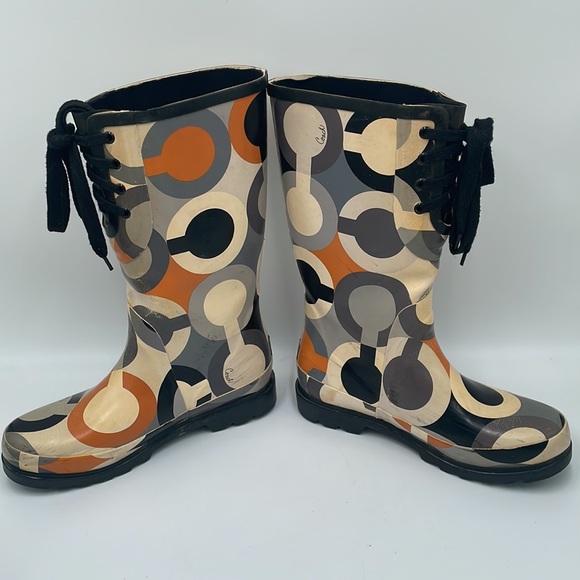 Coach | Shoes | Coach Periwinkle Lace Up Monogram Rubber Rain Boots ...